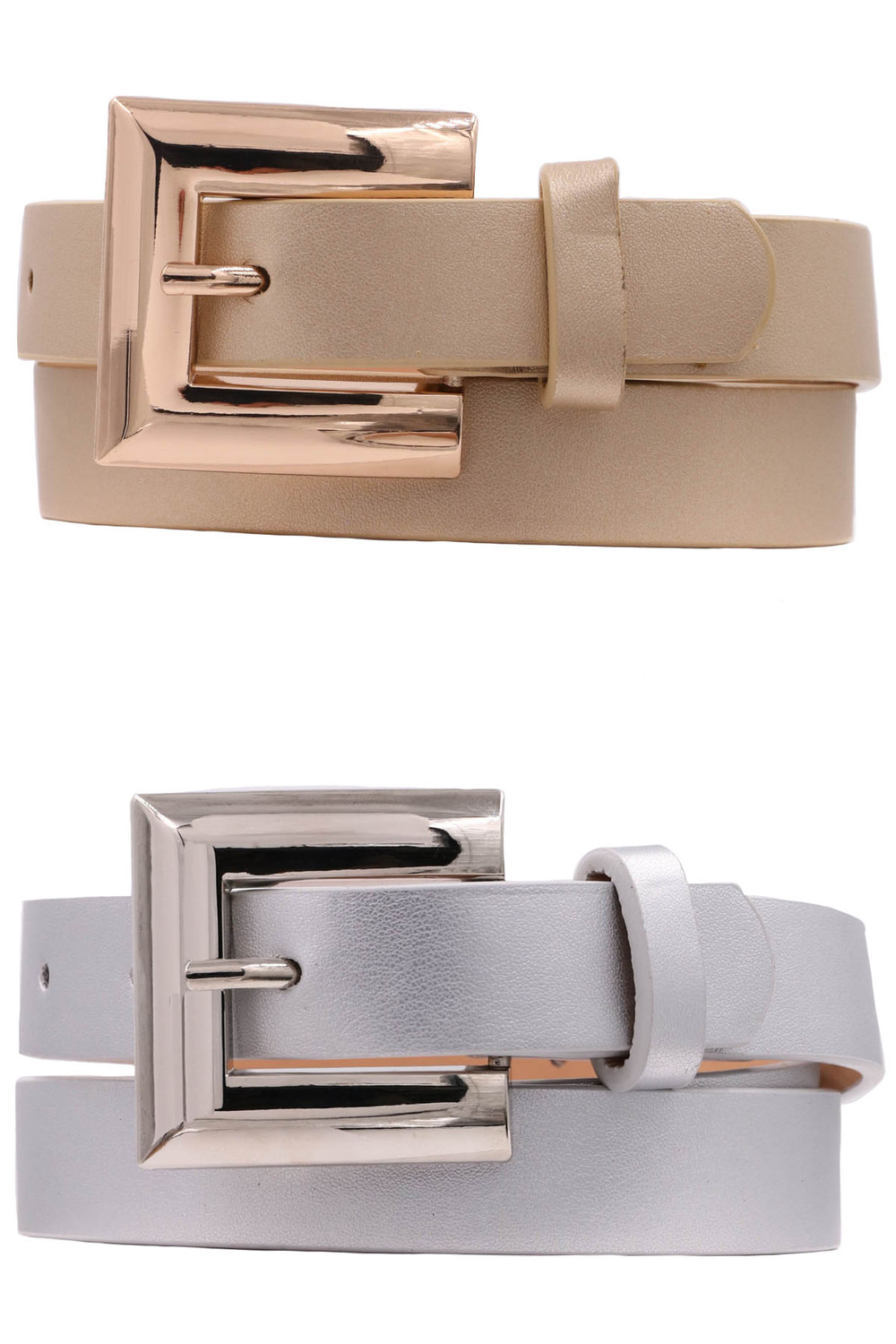 GOLD-SILVER Metal Square Faux Leather Belt - Belts