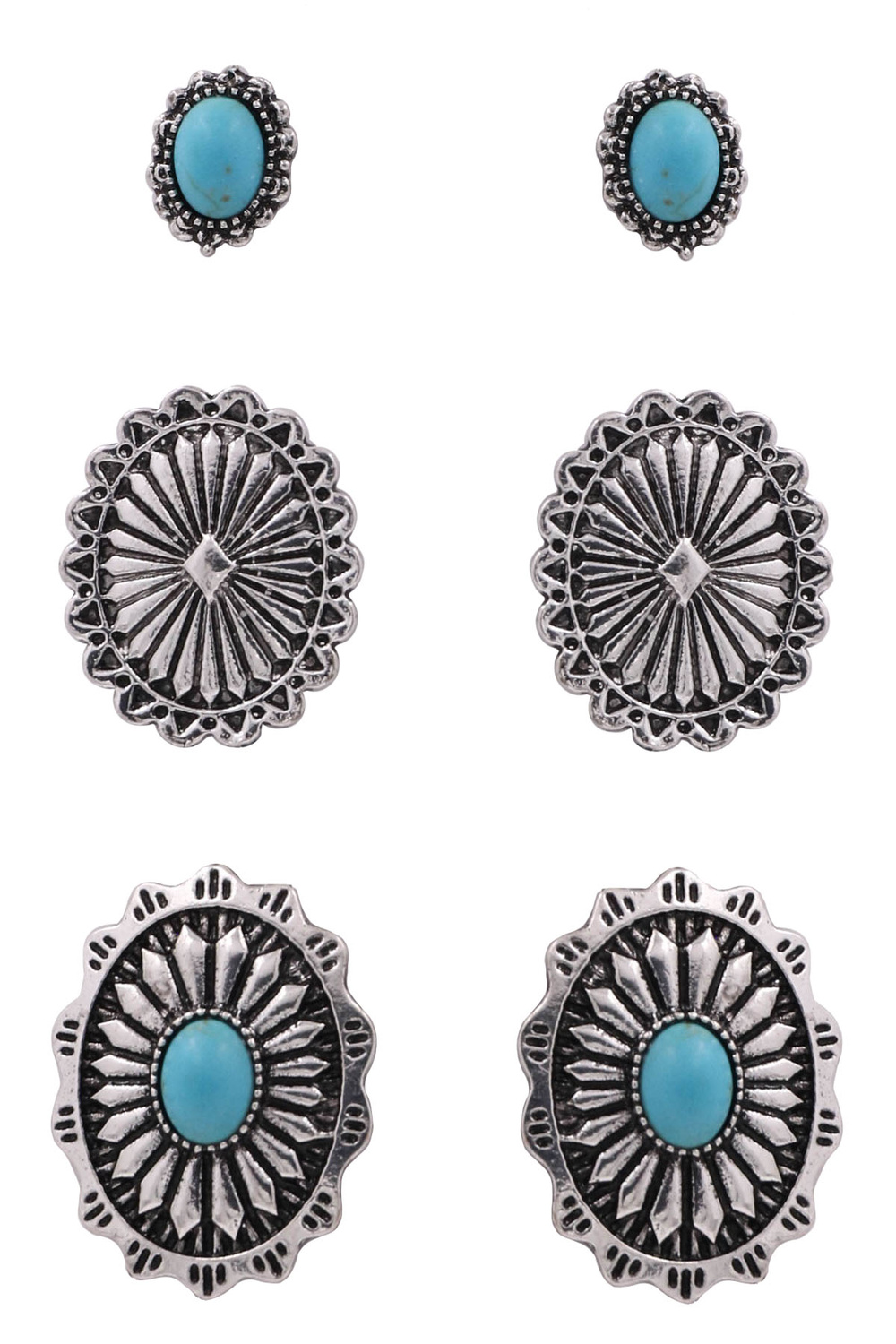 TURQUOISE Metal Western Turquoise Oval Earrings Set
